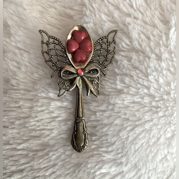 Jewelry | Vintage Angel Spoon Pin Wrhinestone Red Heart Stones | Poshmark